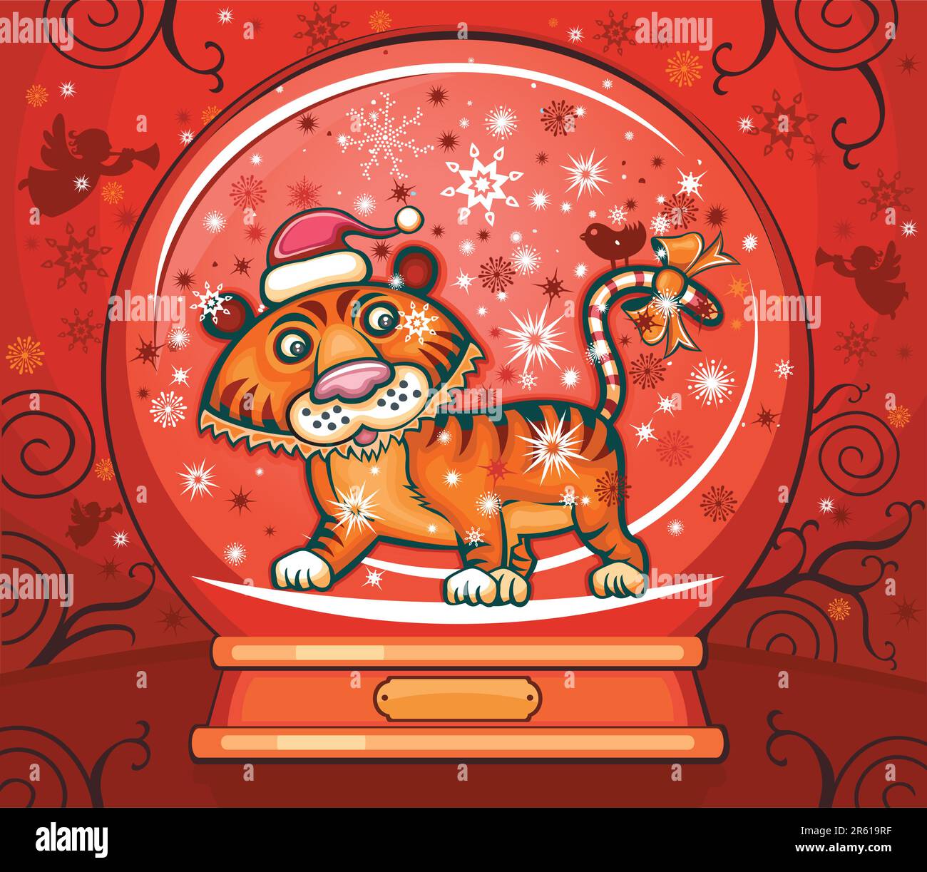 Cute friendly tiger, wearing Santa cap, with candy cane tale. Inside of ...
