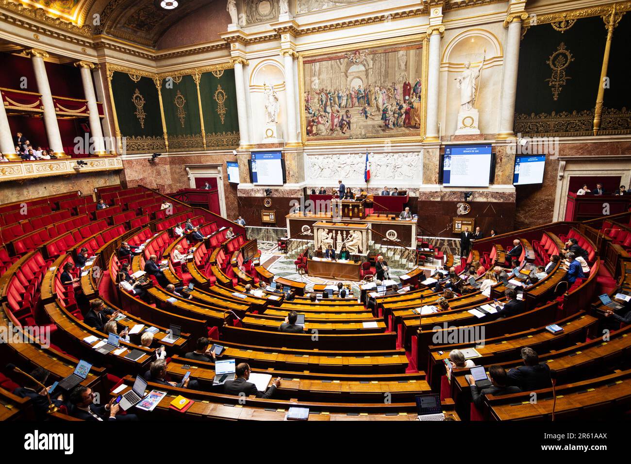View of the hemicycle of the French National Assembly in Palais Bourbon ...