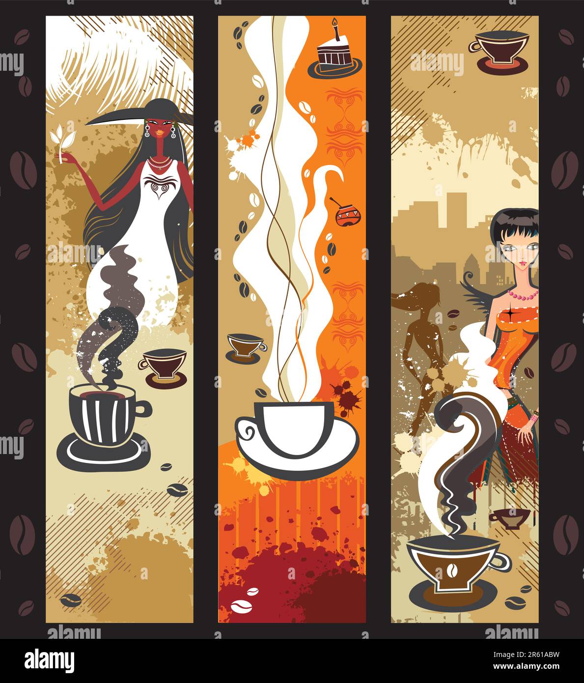 Set of cute banners with copy space. Beautiful girls, cups of tea or ...