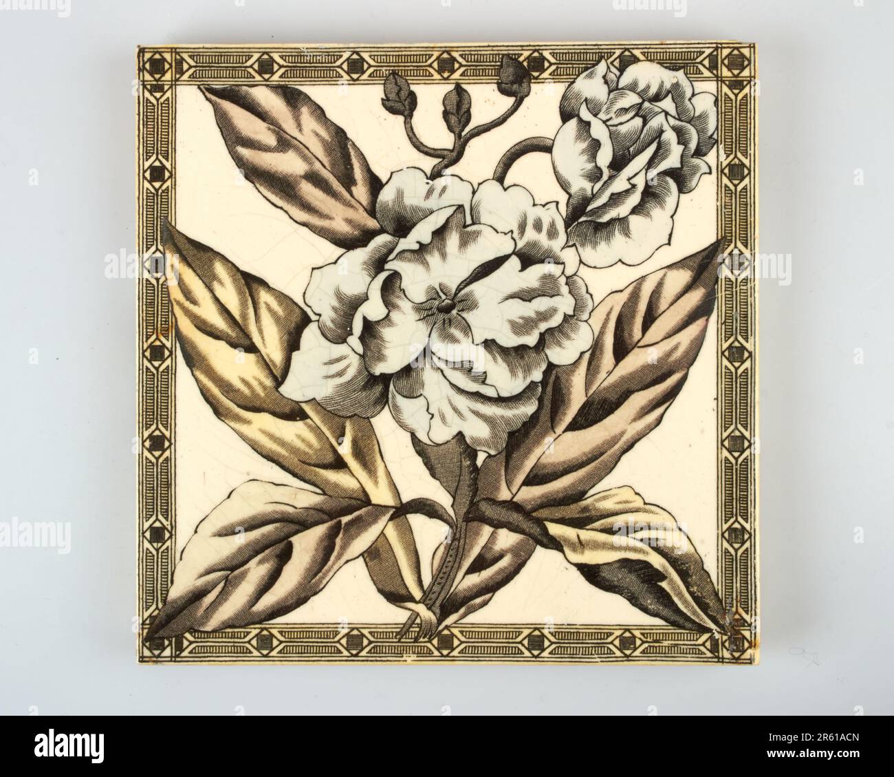 Antique 1890s Victorian transfer printed white flower pottery tile ...