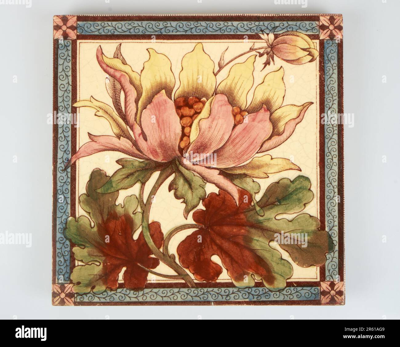 Antique 1890-1900s Victorian hand coloured large pink and yellow flower ...