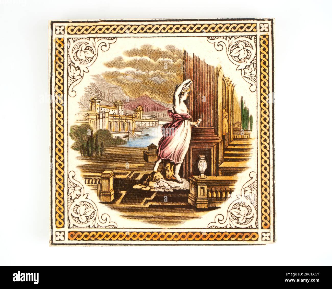 Antique 1890s Victorian English printed pottery tile with statue with a ...