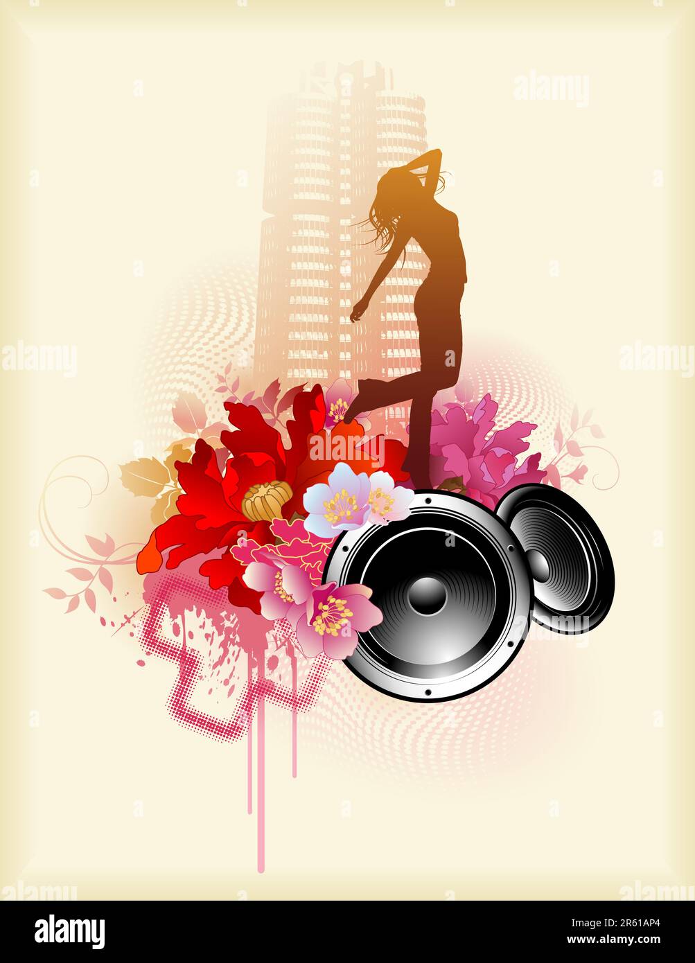 urban floral music illustration with speakers and dancing girl Stock ...