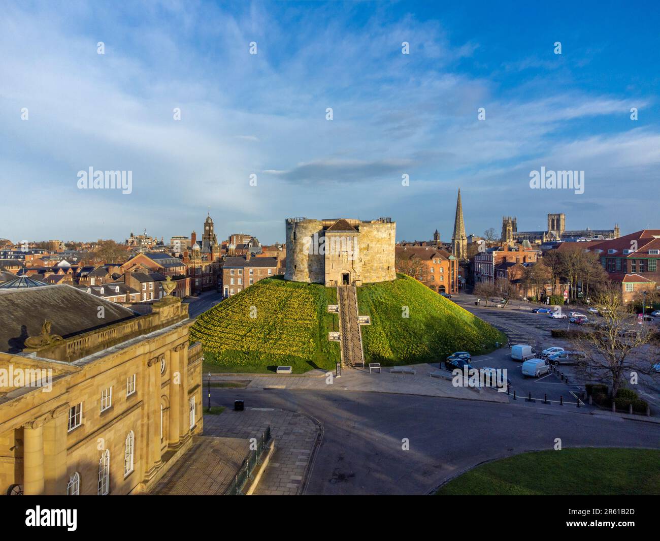 Early morning aerial shot of Cliffords Tower, York, UK Stock Photo - Alamy