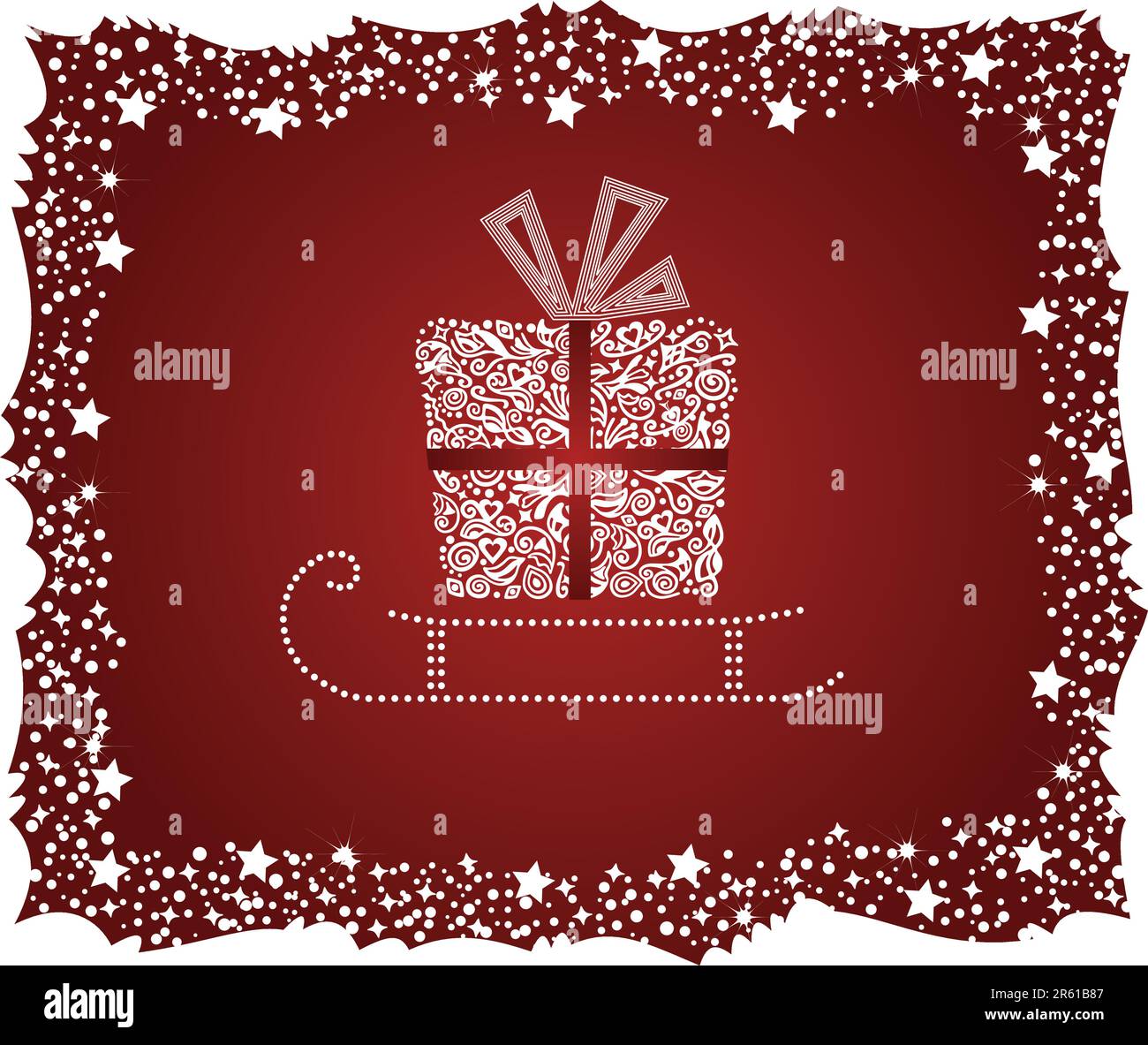 Christmas card of a detailed gift box on a sledge with a frosty frame ...