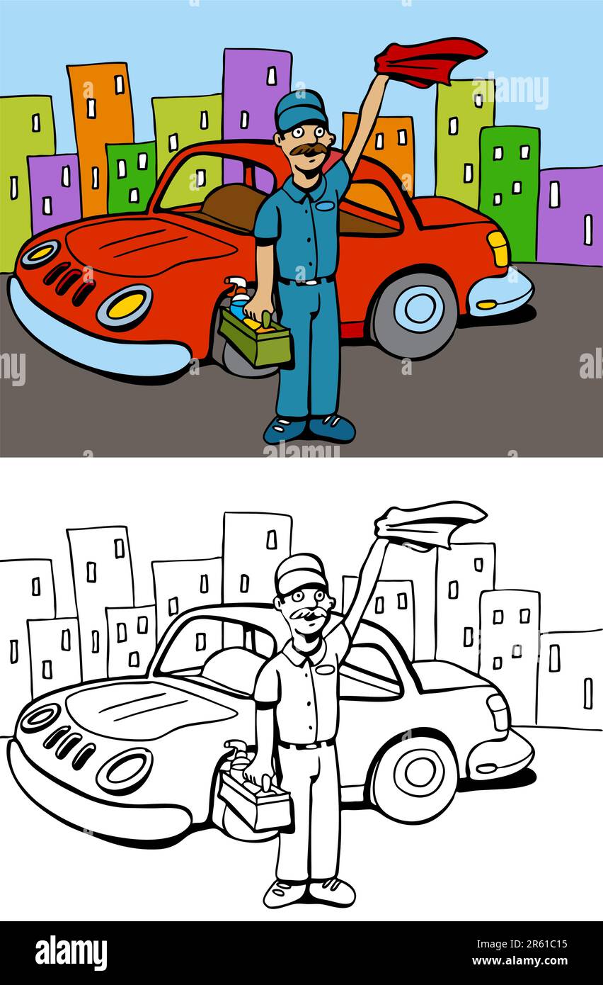 Cartoon image of a service man who just finished washing a car - both ...