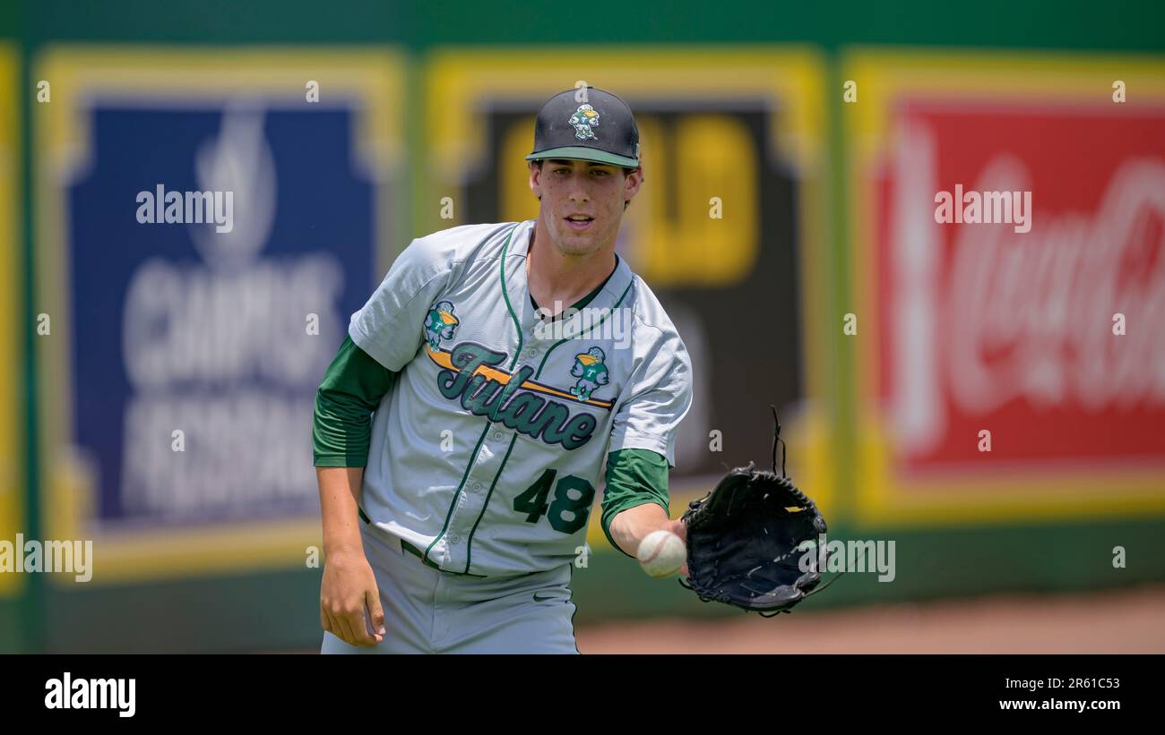 Tulane pitcher Collin Reily (48) catches during an NCAA baseball game ...