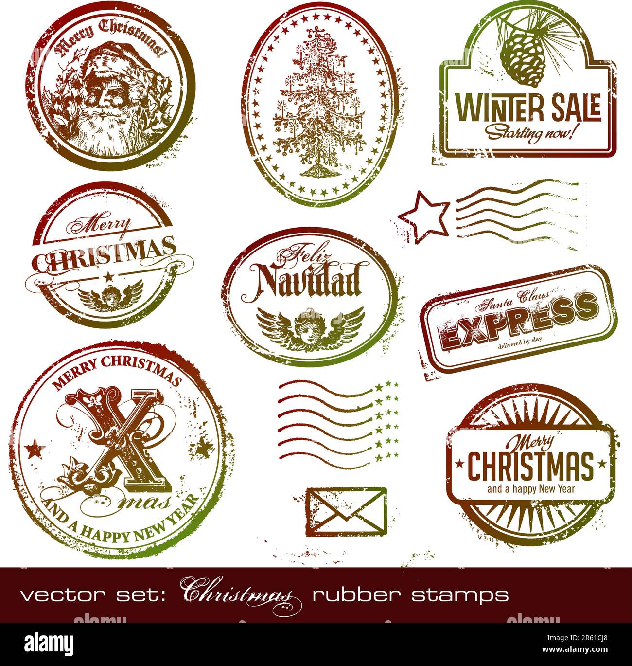 vector set: detailed vintage Christmas rubber/postage stamps Stock ...