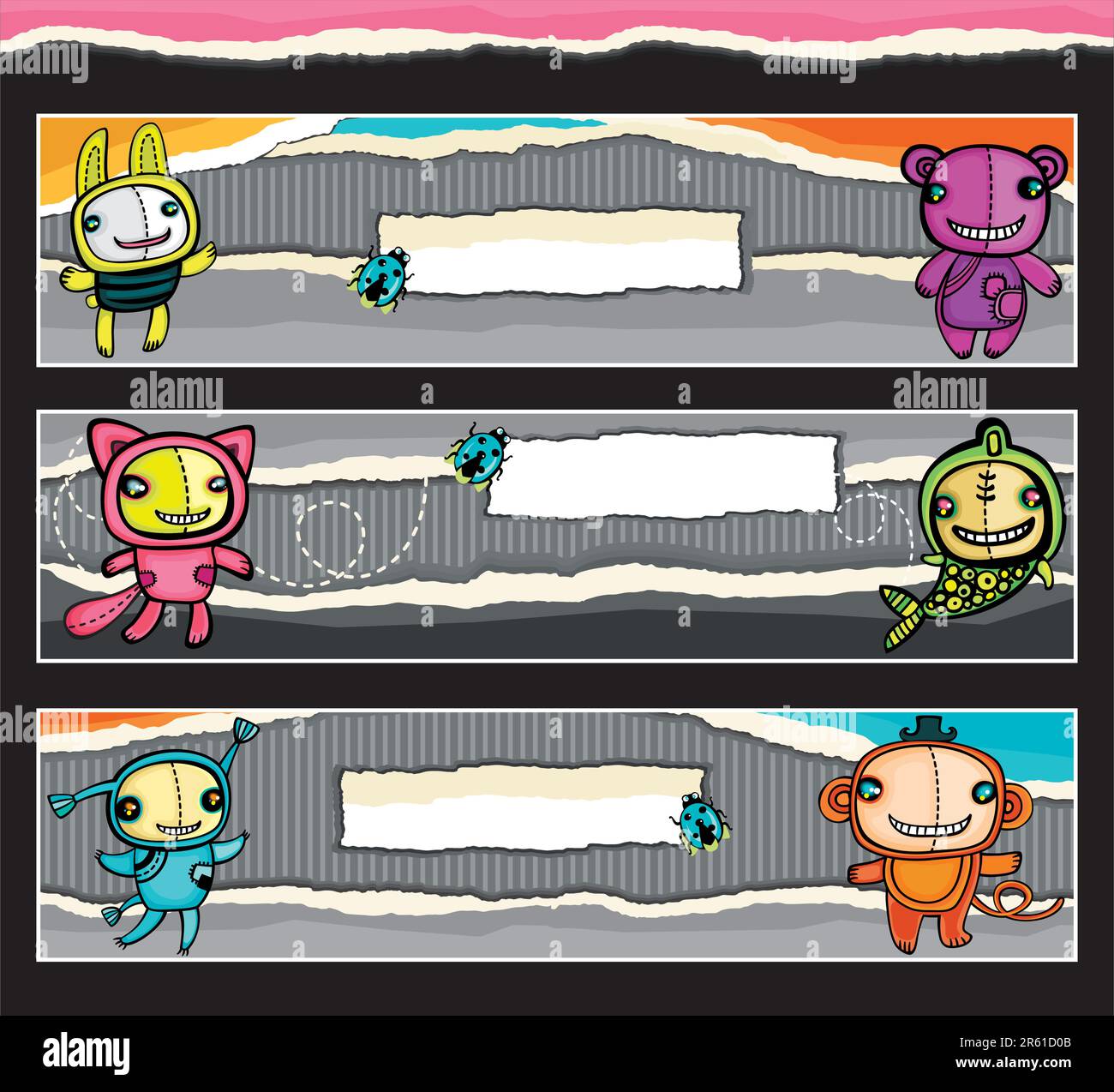 colorful banners with cute happy animals with an empty space for text ...