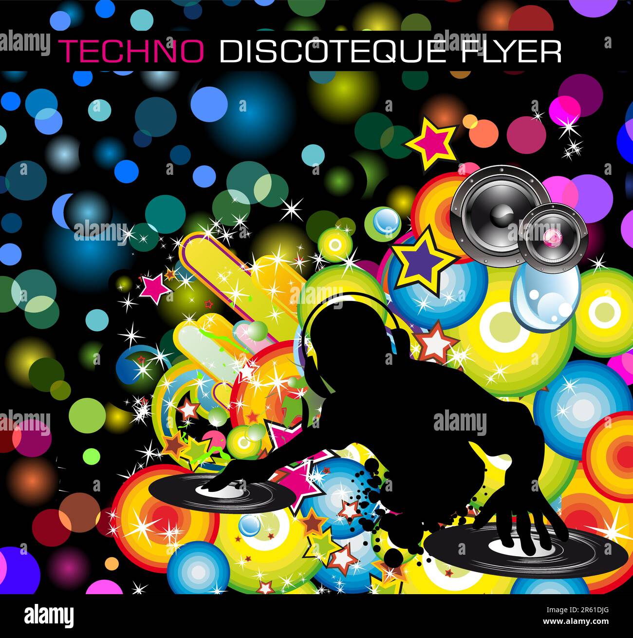 Rainbow Techno Discoteque Flyer with Abstract DJ silhouette Stock ...