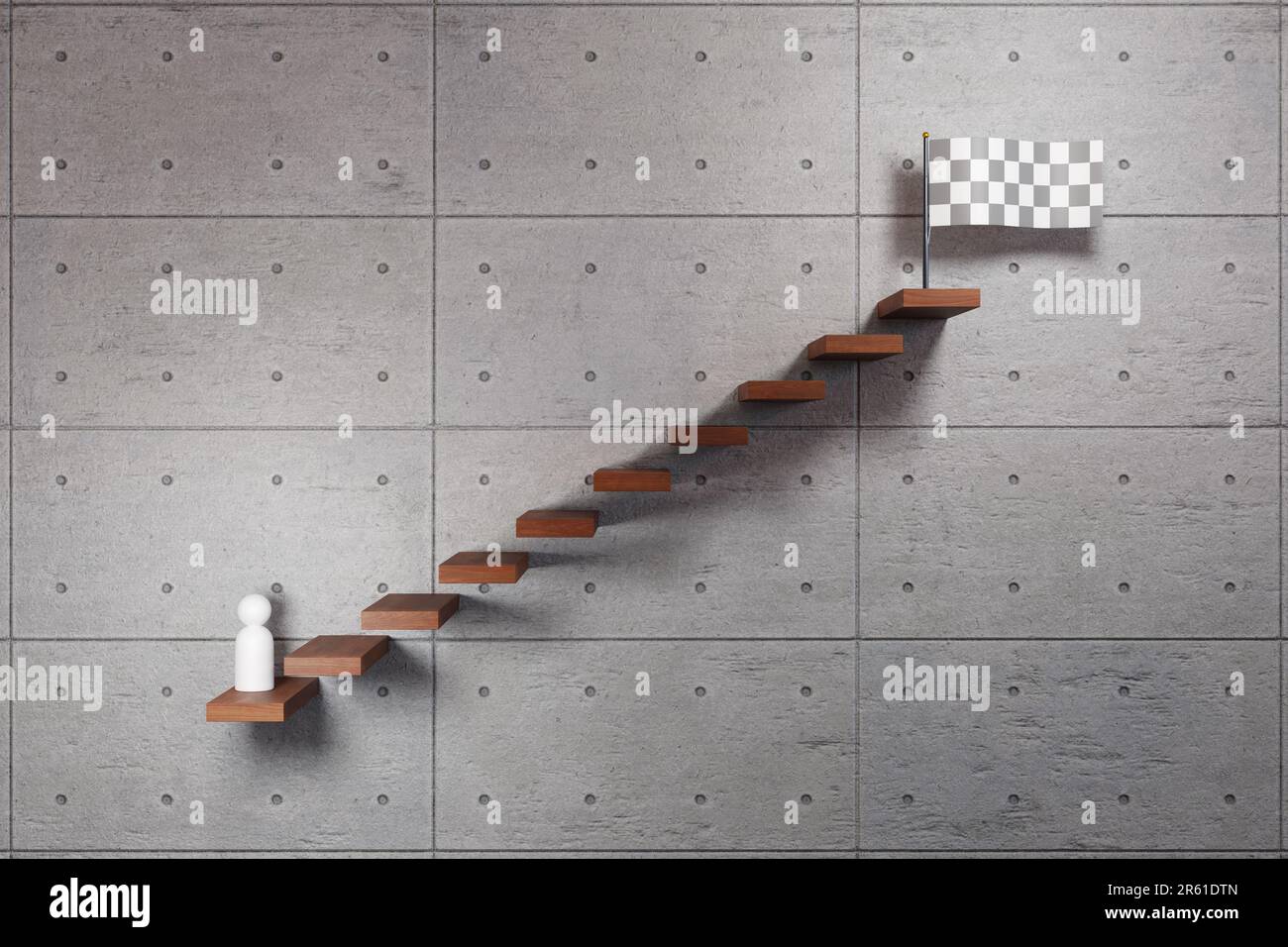 White peg person is climbing up wooden stairs to reach the checkered ...