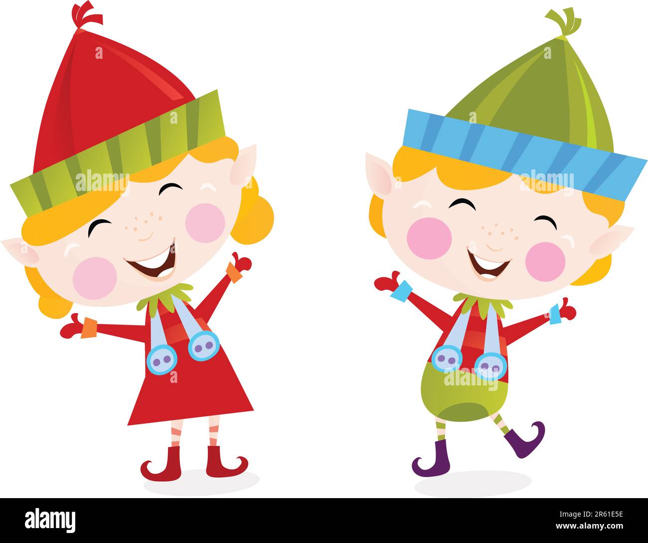 Cute small elves in christmas costumes. Vector cartoon illustration ...