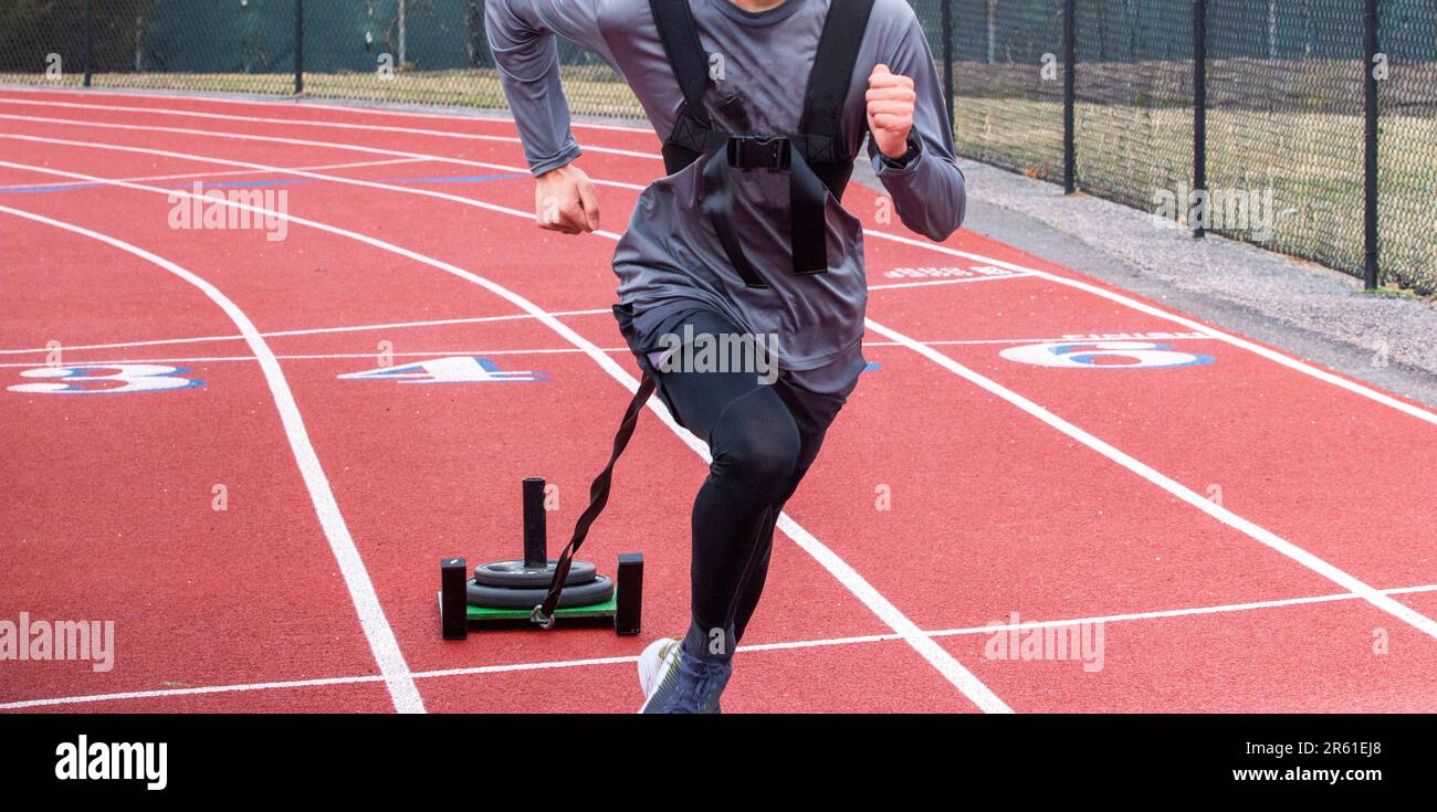 Front view of an athlete running while pulling a sled with weight on ...