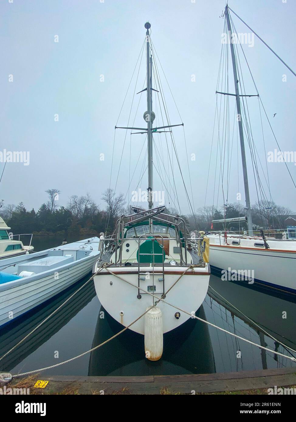 Vertical view of the back of a sailboat tied up in a marina on a foggy ...