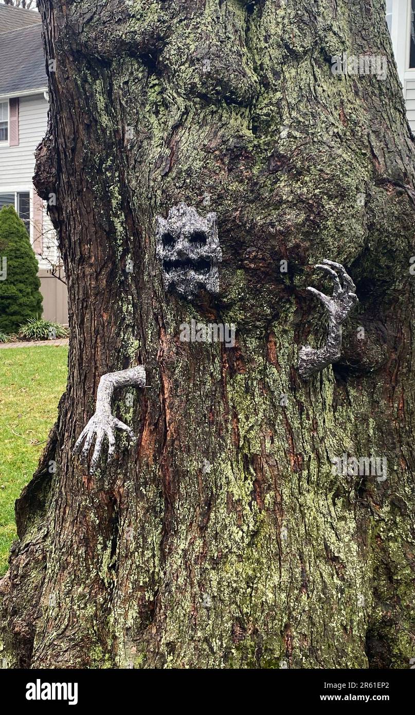 Tree decorated to look like it has a monster inside of it trying to get ...