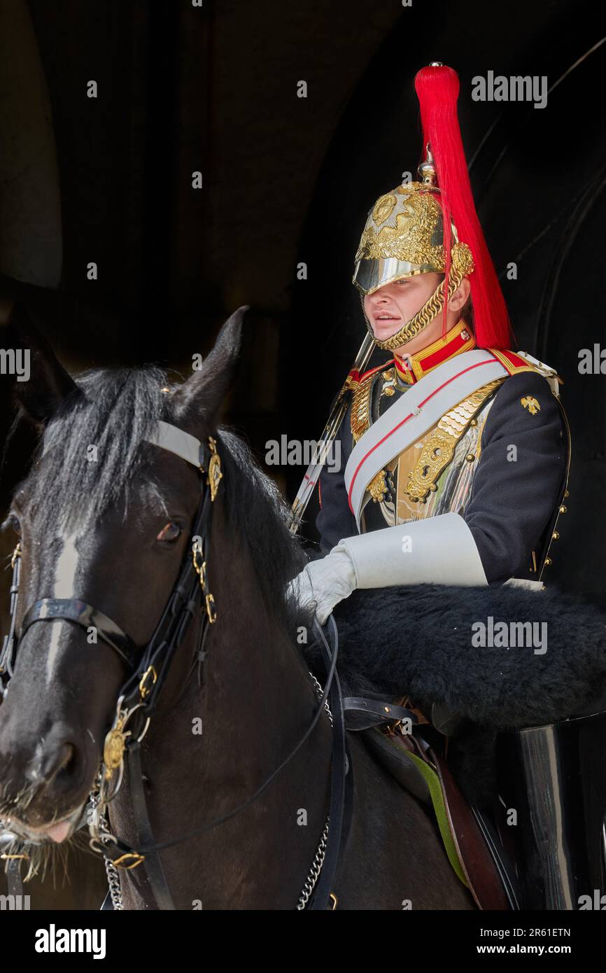 Female member of Household Cavalry Mounted Regiment on ceremonial duty, called King's Life Guard ...