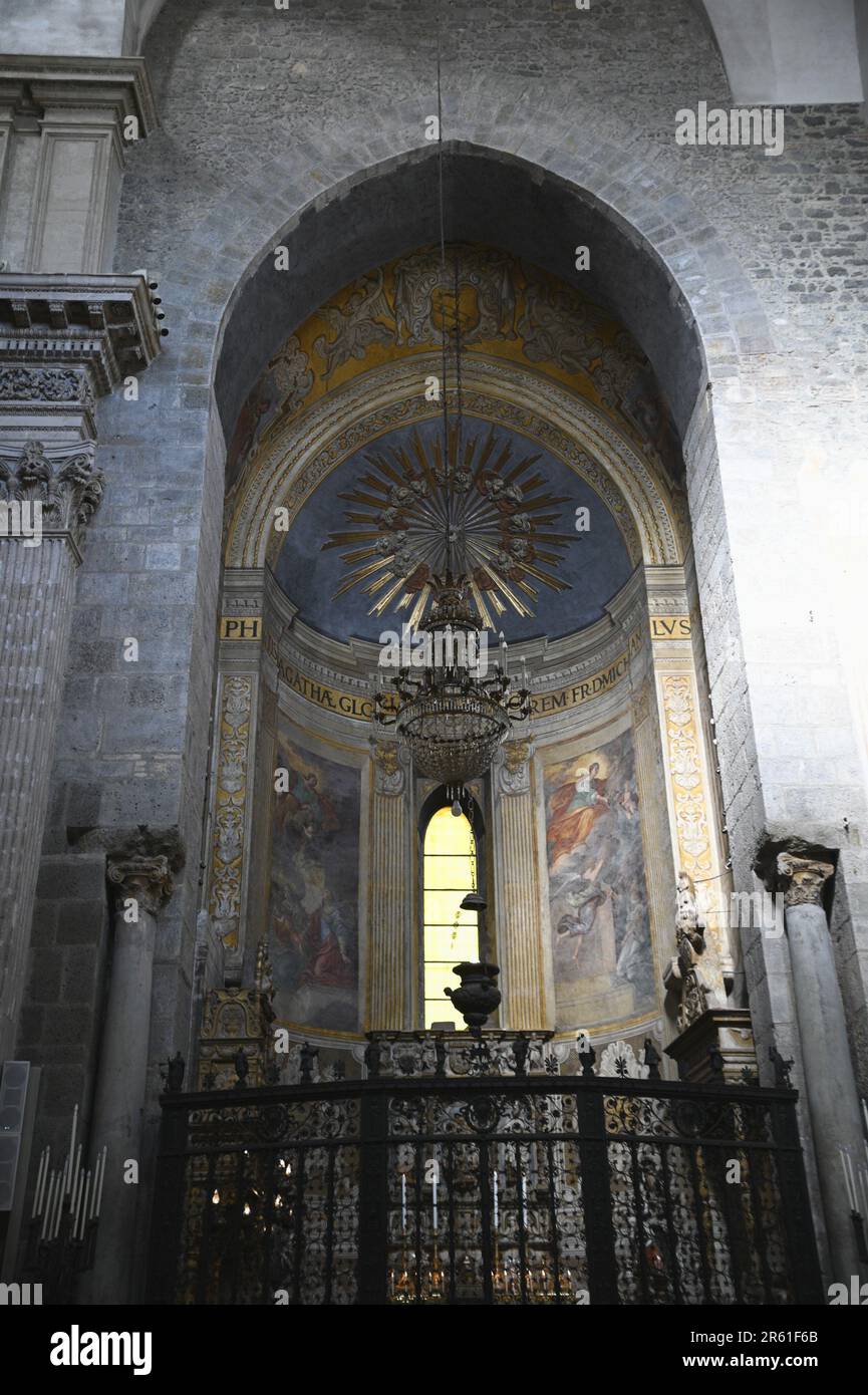Scenic interior view of the apse and the presbytery at the Baroque ...