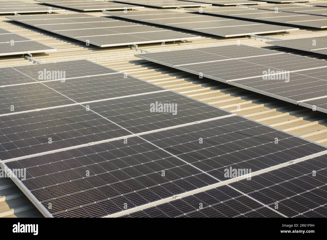 Blue photovoltaic solar panels on rooftop at solar cell farm Stock ...
