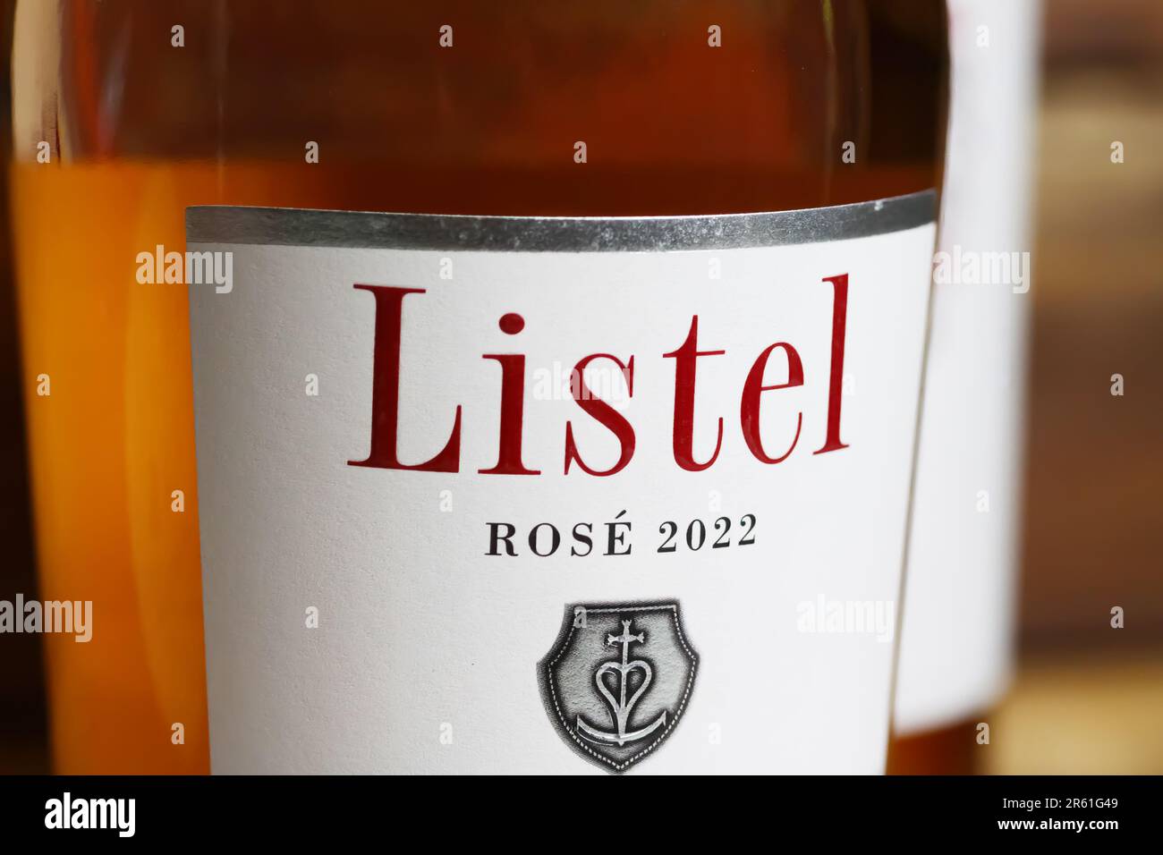 Viersen, Germany - May 9. 2023: closeup of bottle label Listel grain de ...