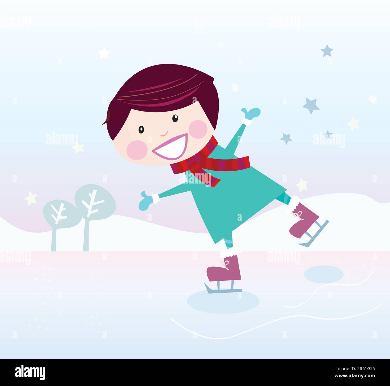 Small boy with big smile on frozen ice lake. Vector cartoon ...