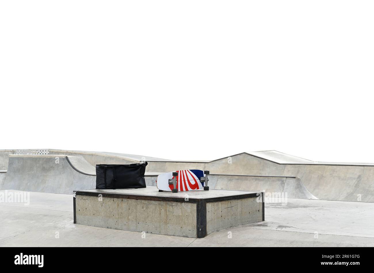 Ramps skatepark in the recreation park. Free skate park. On a white ...