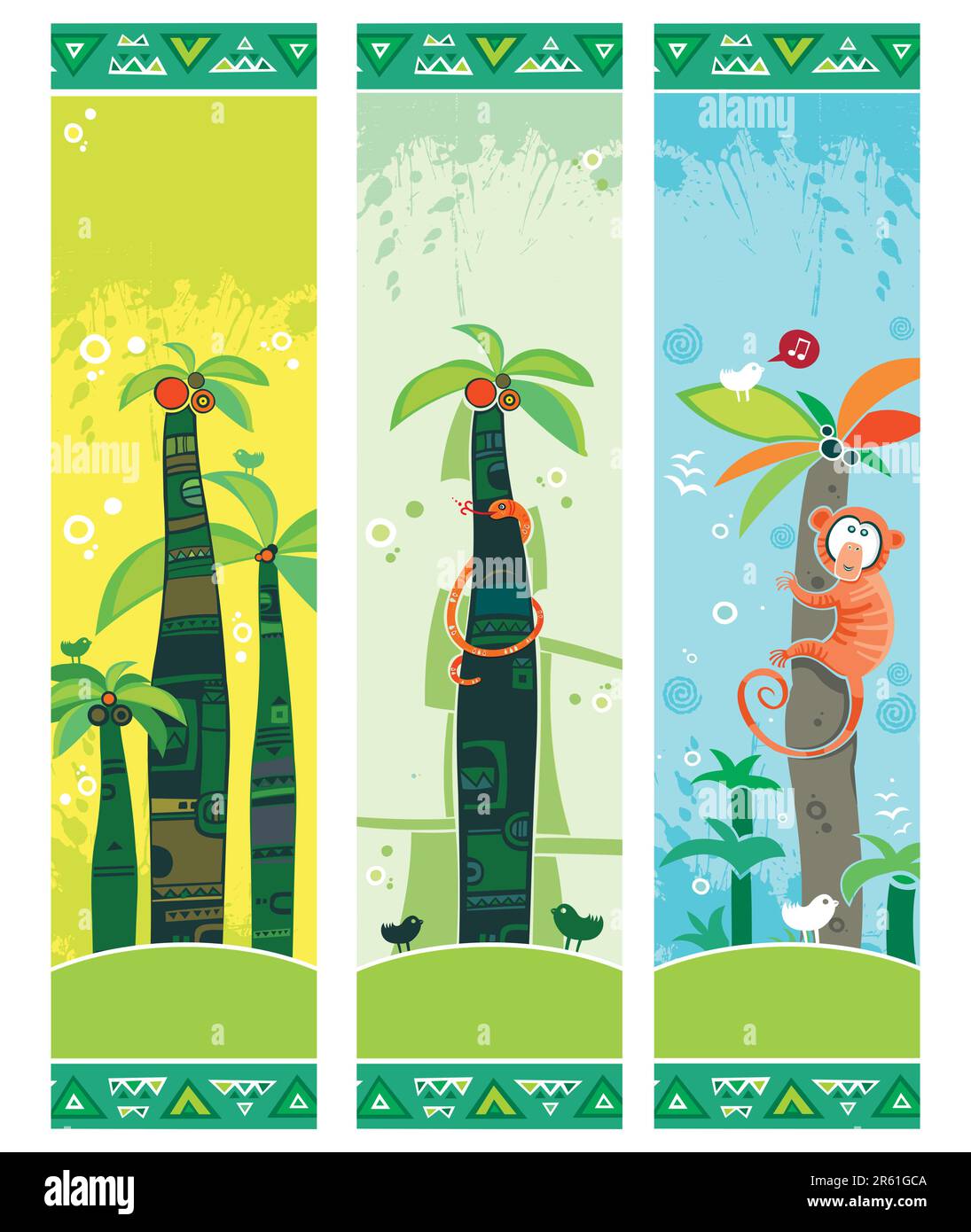 African jungle banners set with palm trees, monkey, snake, birds. With ...
