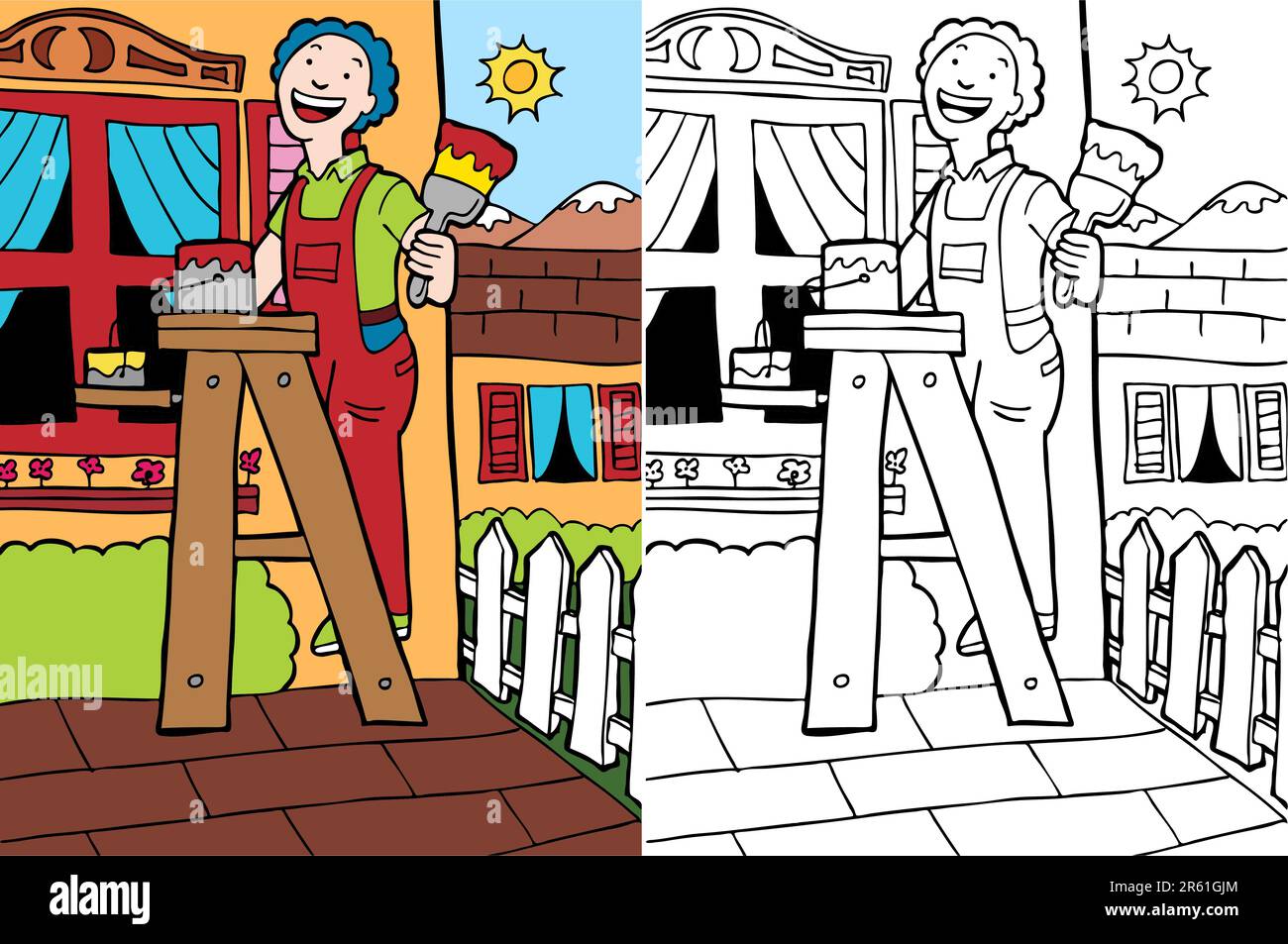Cartoon image of a painter with background - color and black/white ...