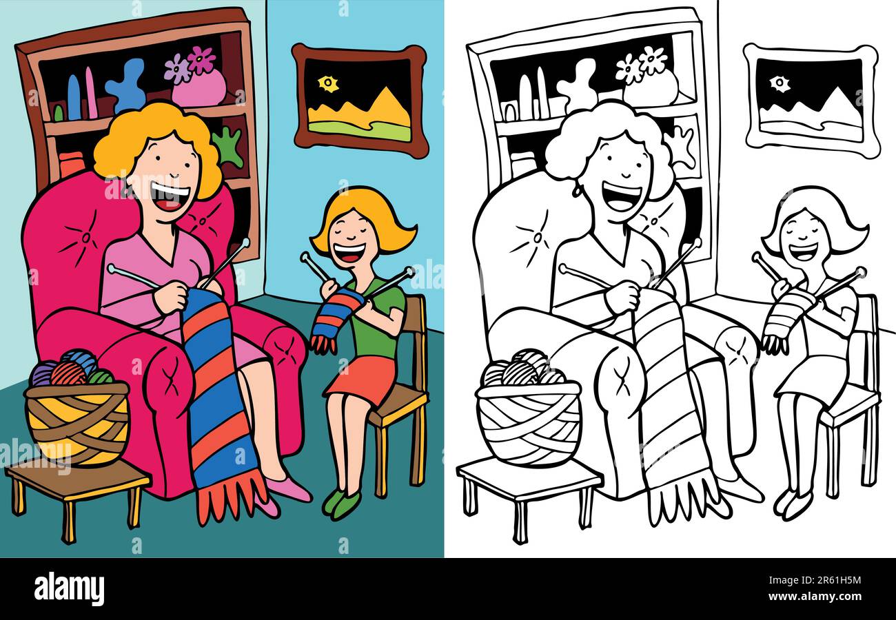 Mom and daughter enjoy knitting together - color and black/white ...