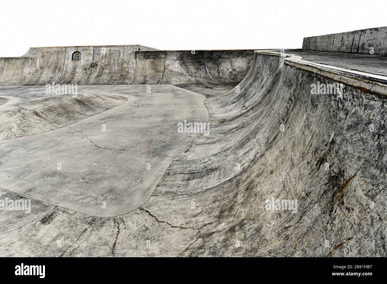 Ramps skatepark in the recreation park. Free skate park. On a white ...