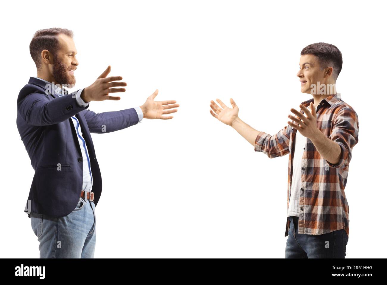 Young professional man meeting and greeting a guy isolated on white ...