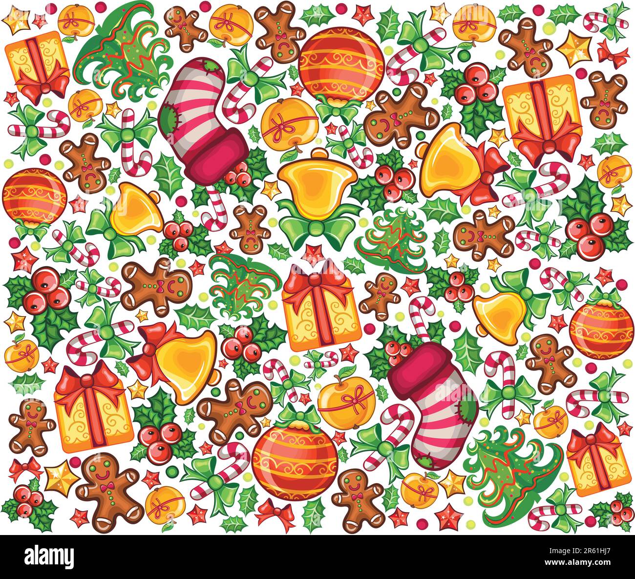 Cute Christmas background with: Christmas tree, stocking, gift box with ...