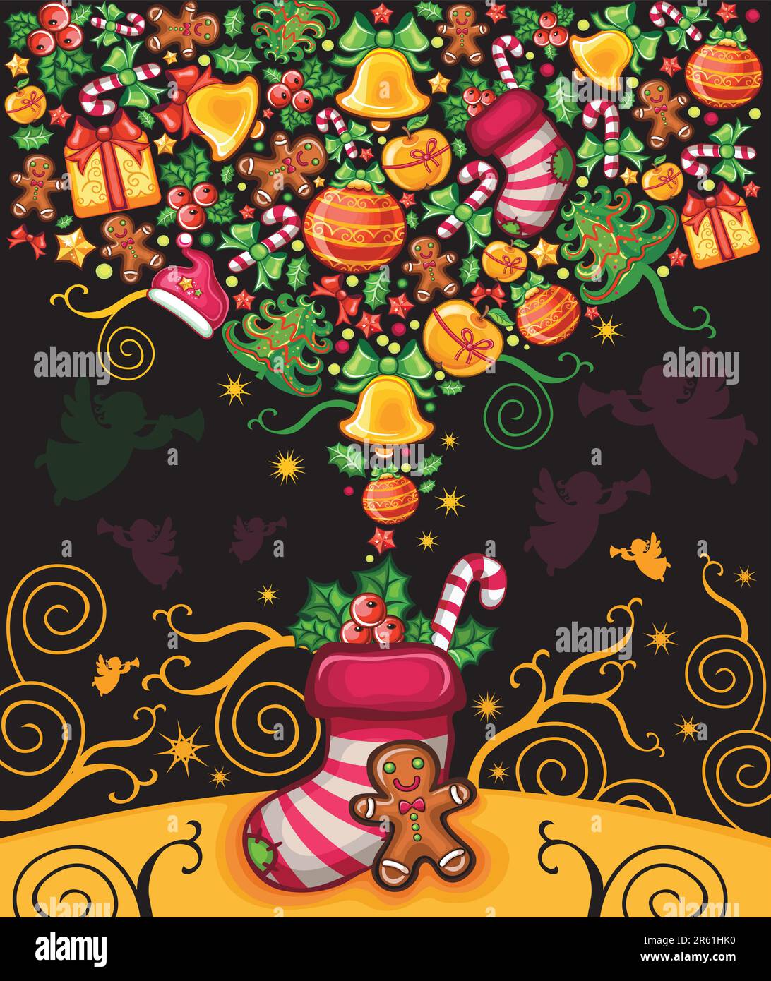 Vector Christmas composition with stocking full of Christmas objects ...