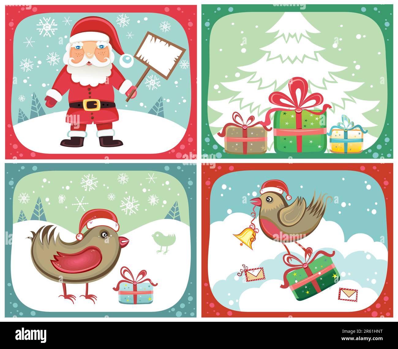 Christmas greeting cards: with Santa Claus, mailman birds, Christmas ...