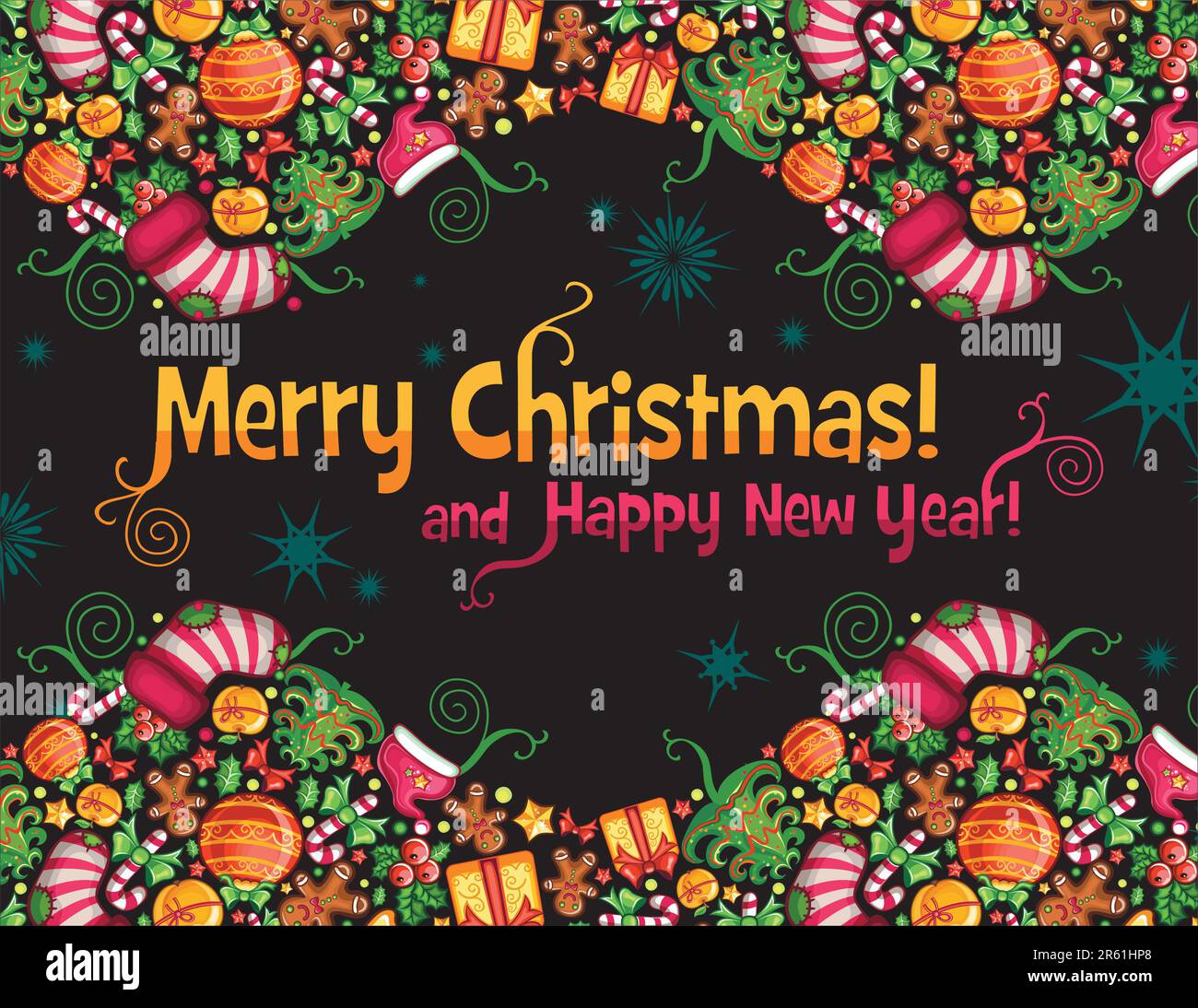 Cute Christmas frame with colorful christmas objects: Christmas tree ...