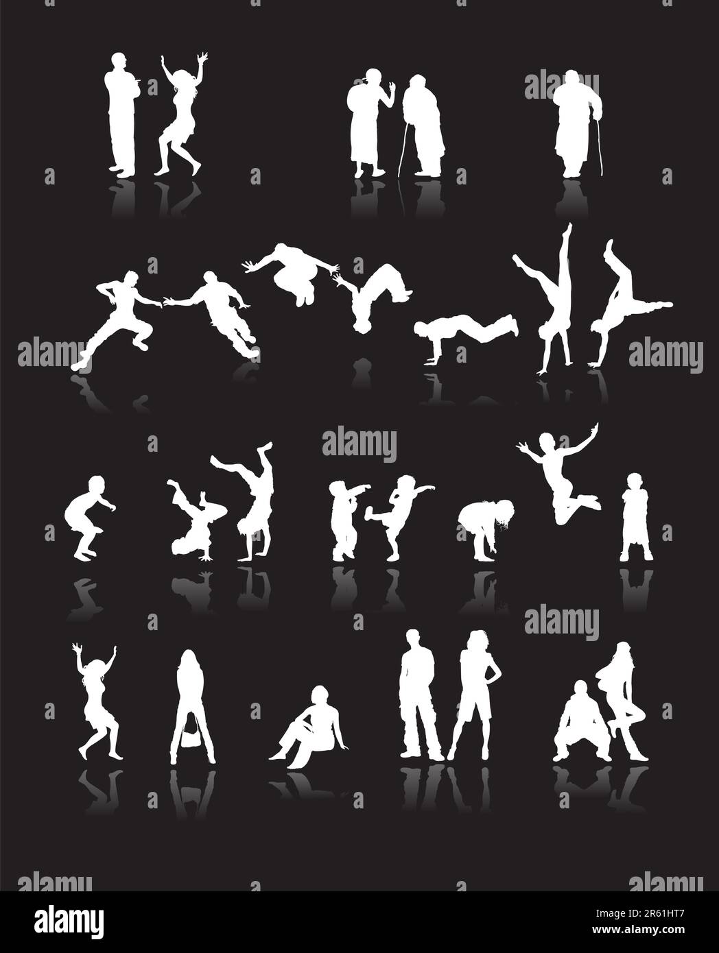 Silhouettes of people: fun children, young couples, sport teens, old ...