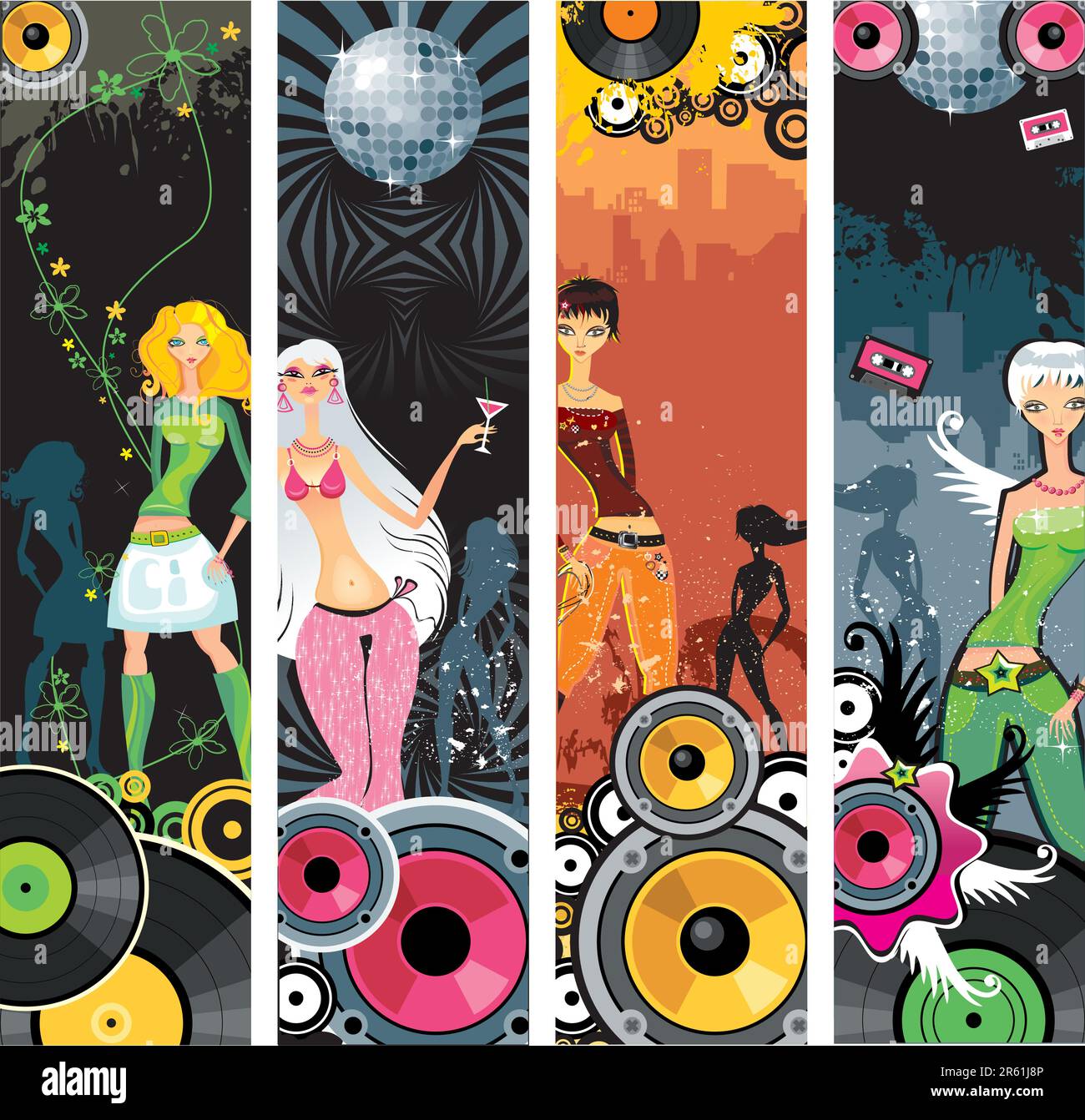 Vector Illustration on a musical theme with loudspeakers, baner & frame ...