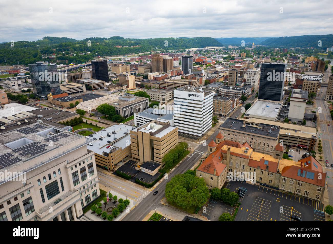 An aerial view of the Charleston skyline on a cloudy day in South ...