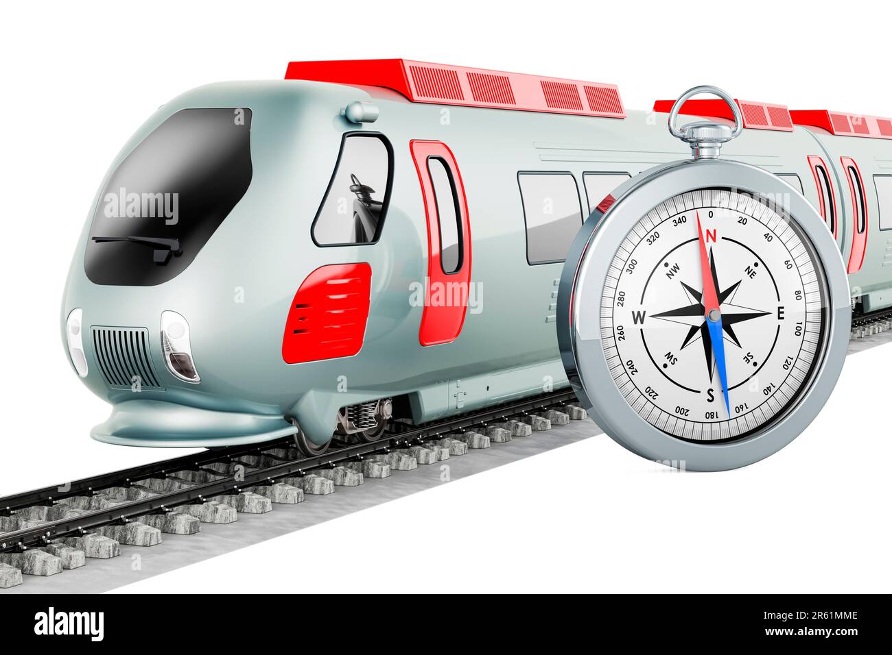 Modern high speed train with compass, 3D rendering isolated on white ...