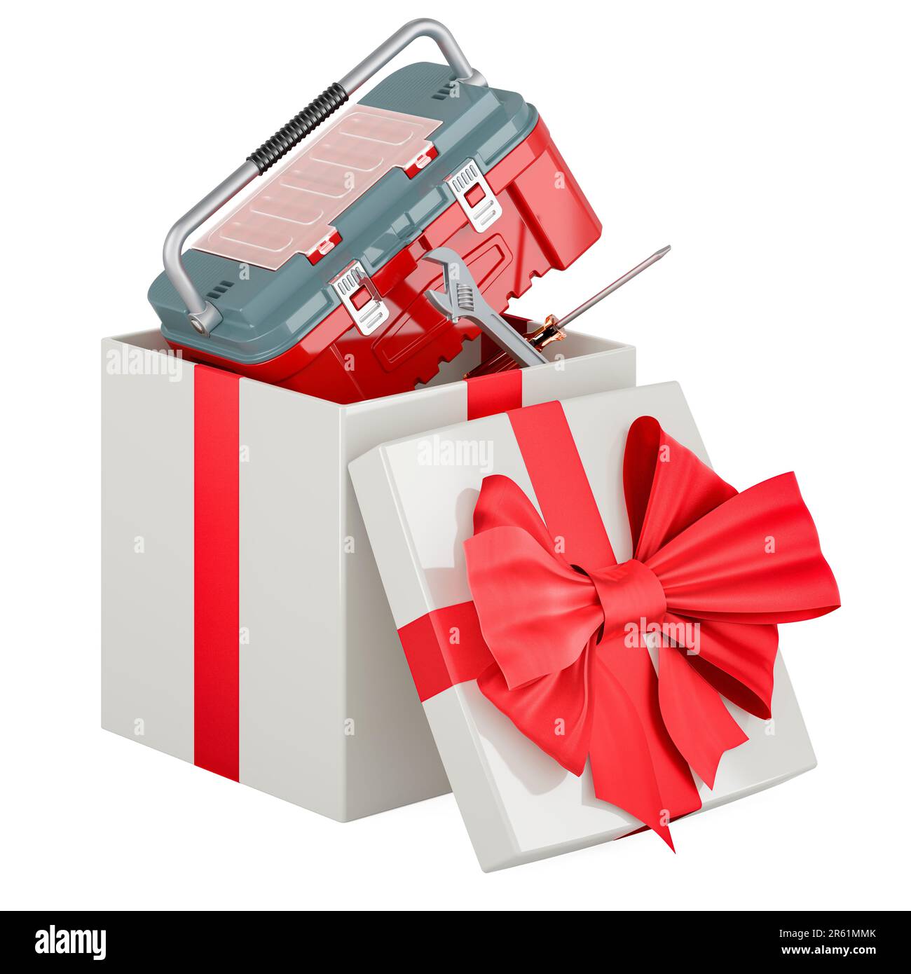 Toolbox inside gift box, 3D rendering isolated on white background ...
