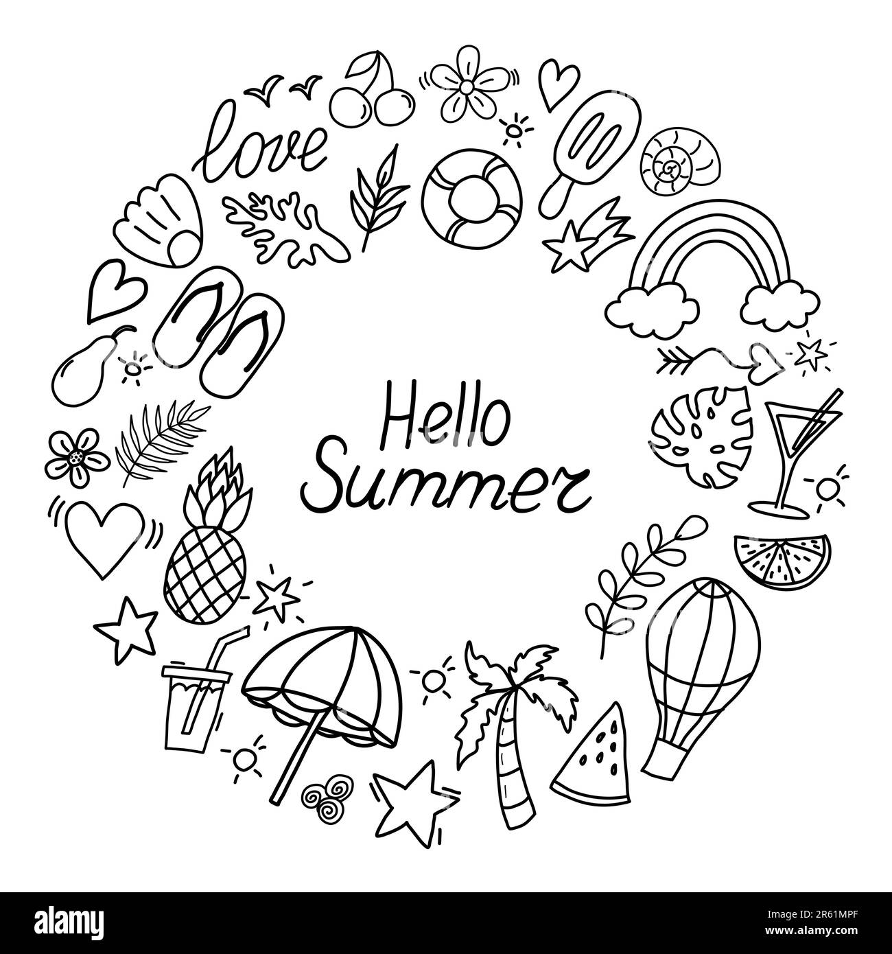 Summer doodles icon set in round. Hello Summer. Hand drawn lines icons ...