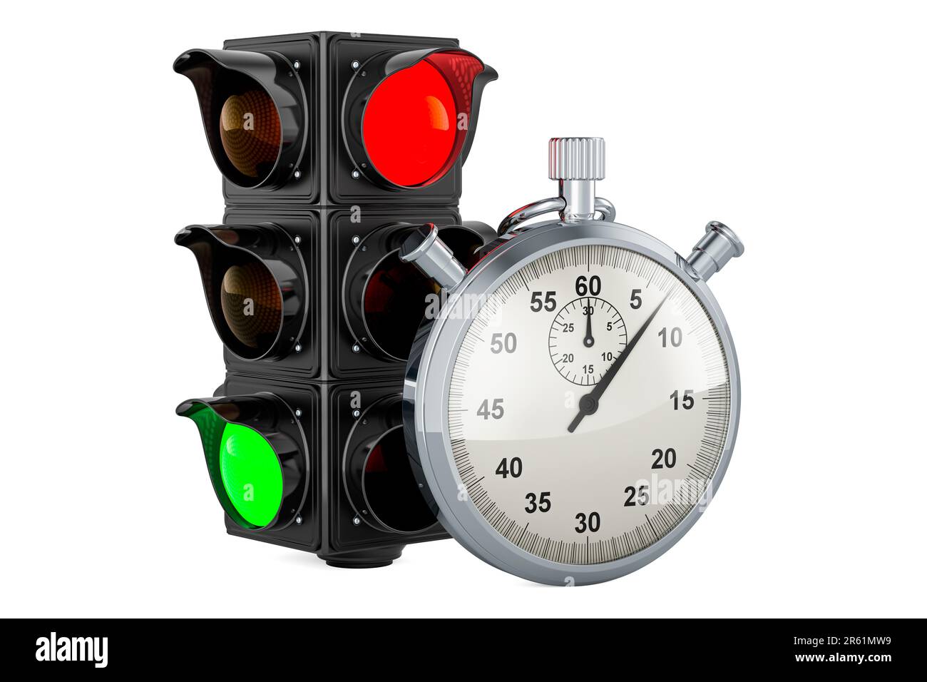 Traffic light with green color with stopwatch, 3D rendering isolated on ...