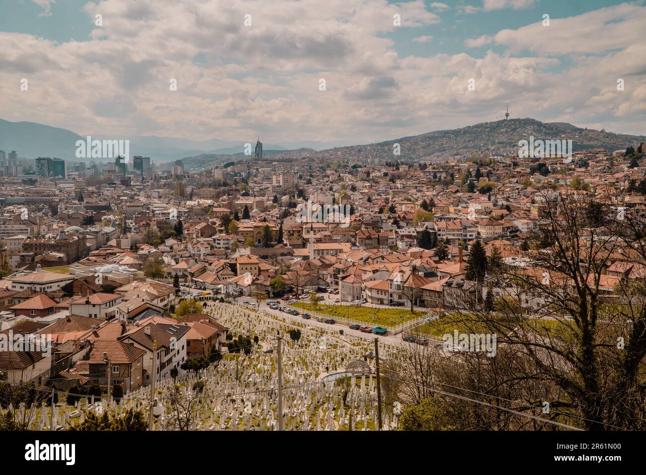 The Sarajevo city skyline in the distance, with a beautiful mountain ...