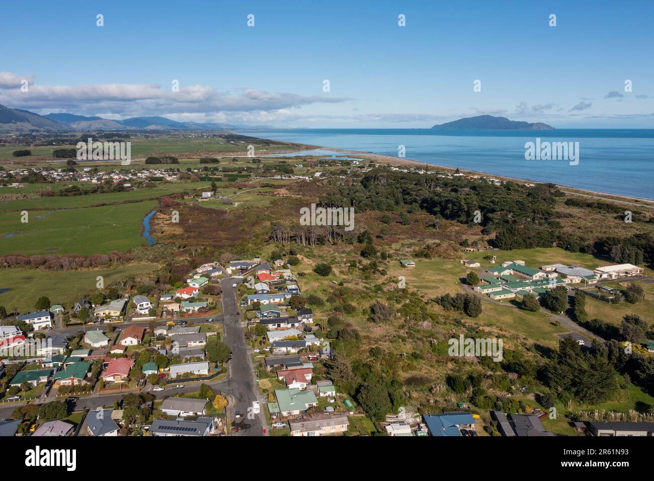 Aerial view of Otaki Beach in New Zealand with Kapiti Island in the ...