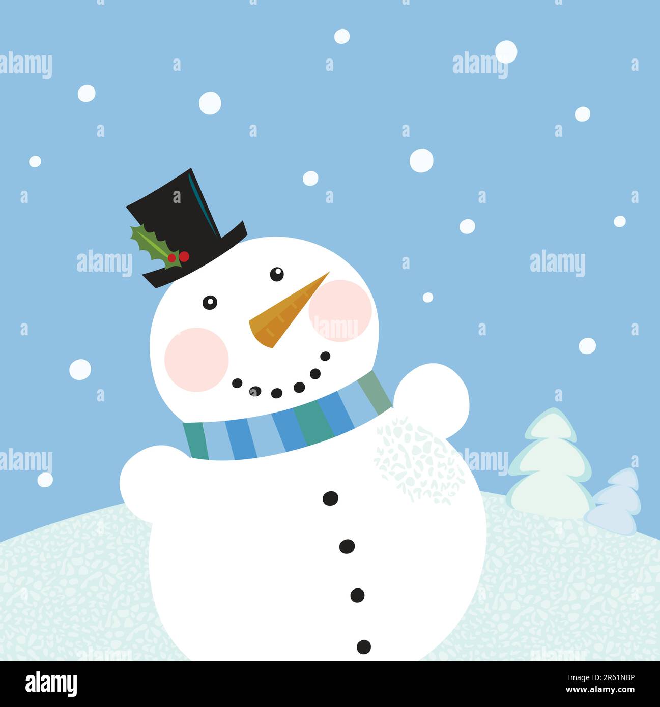 Cute snowman in christmas snowy nature. Vector cartoon illustration ...