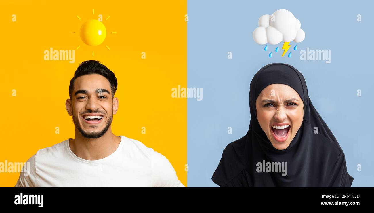 Arab Man And Muslim Woman Expressing Different Emotions Over Colorful ...