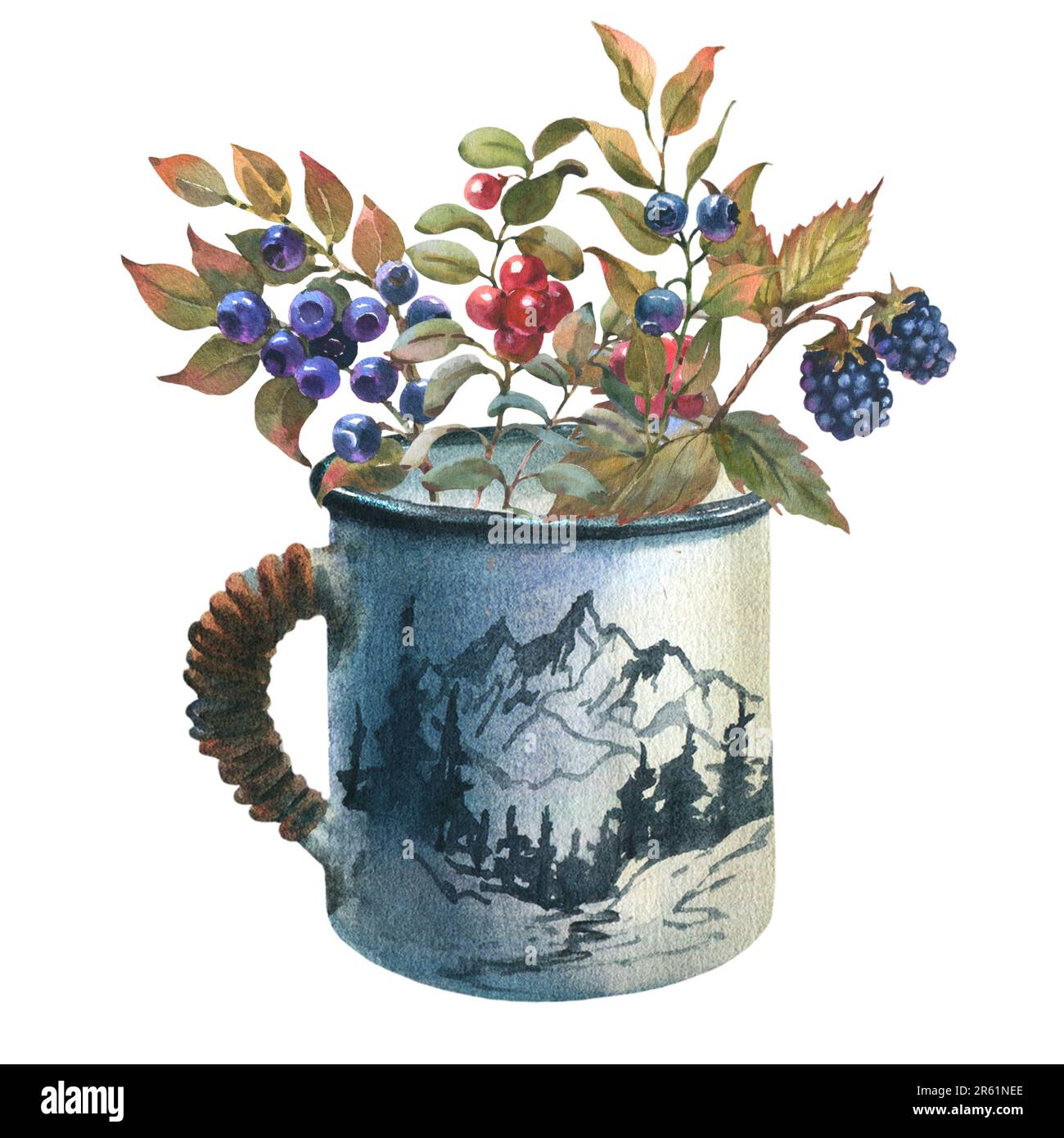 Watercolor illustration of a tourist iron mug isolated on a white ...