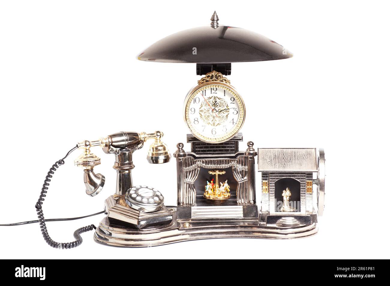 Vintage telephone, antique clock with lamp isolated on white Stock ...