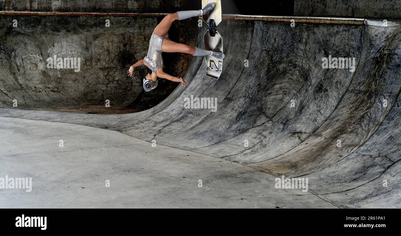 A girl rides and does tricks on a skateboard on the ramp of a skate ...