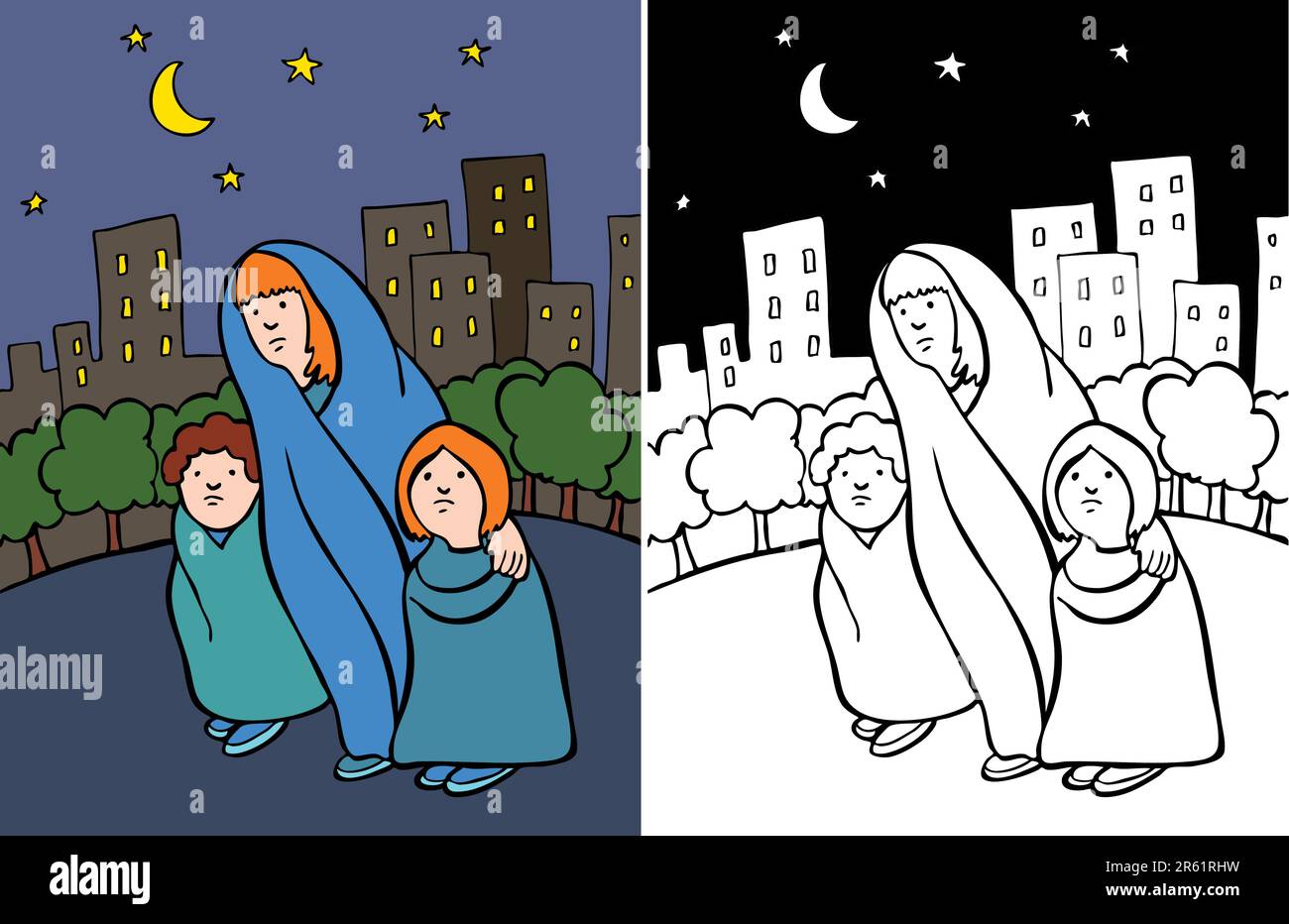 Cartoon image of a homeless family - both color and black / white ...