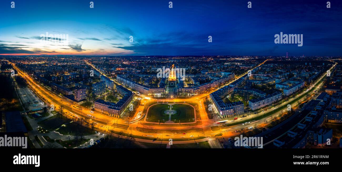 Aerial view of the illuminated city with the central square in the ...